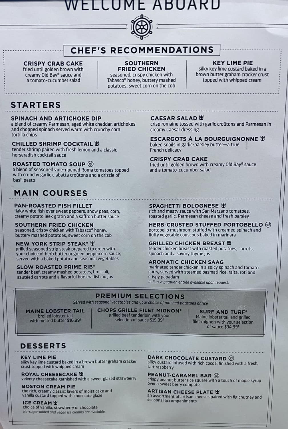 Adventure of the Seas Main Dining Room Menus 2024